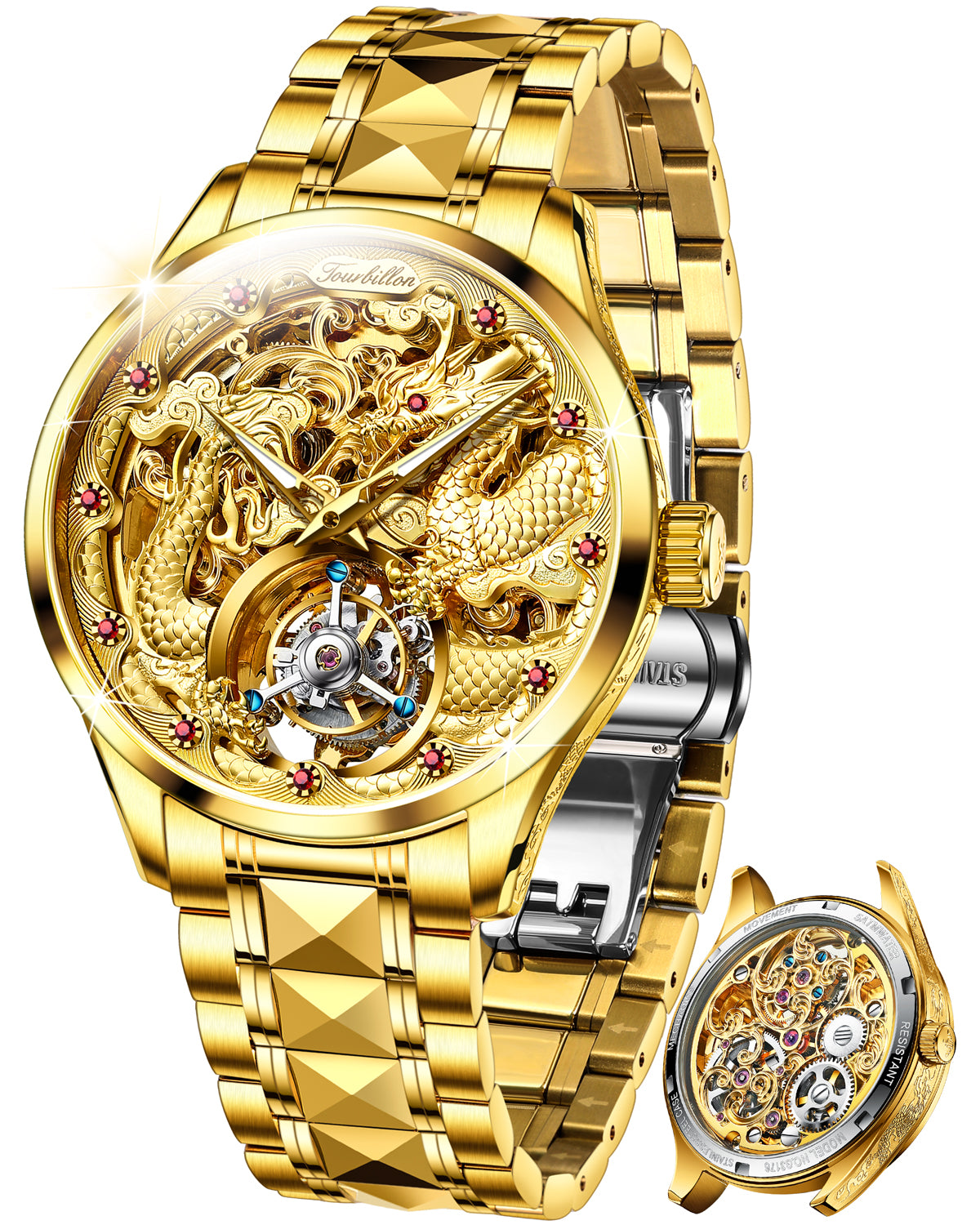 OUPINKE 3176 Men's Luxury Gold-Tone Dragon Tourbillon Dress Watch ...